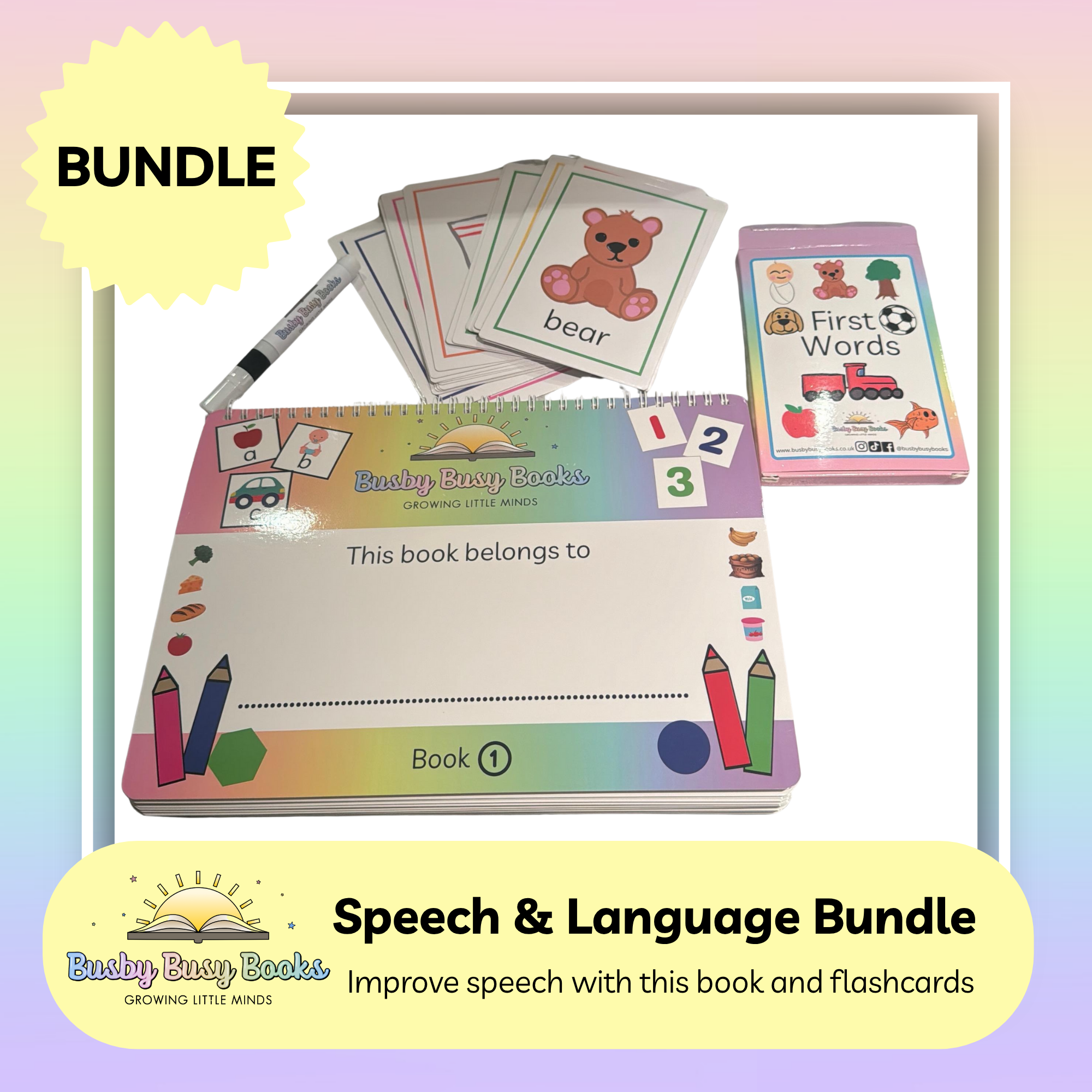Speech & Language Bundle - busy book, flashcards and pen – Busby Busy Books